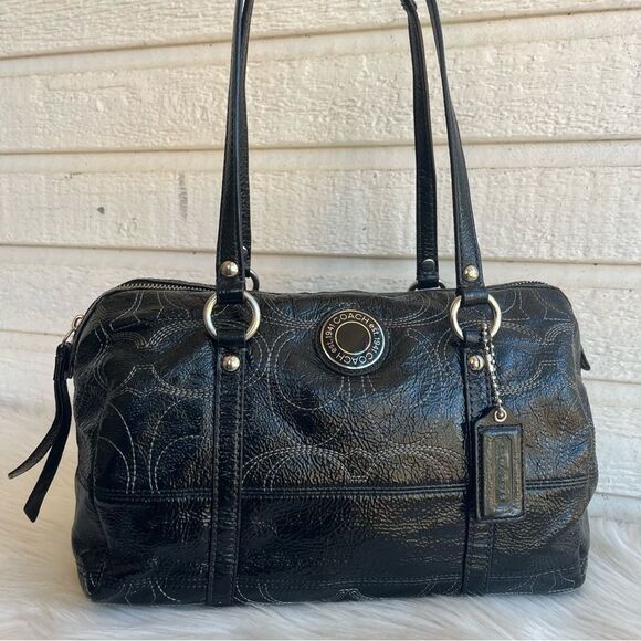 Coach | Bags | Coach Black Y2k Patent Stripe Boston Signature Tote ...